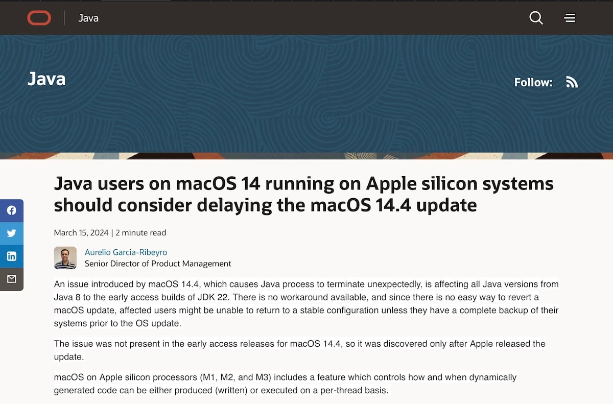 macOS 14.4でJava強制終了の不具合、Oracle「適用待って」 - iPhone Mania